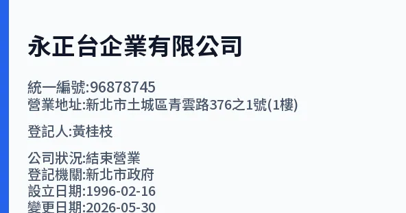 永正台企業有限公司的照片-統編 96878745(新北市) 公司登記資料與營業項目詳細圖表