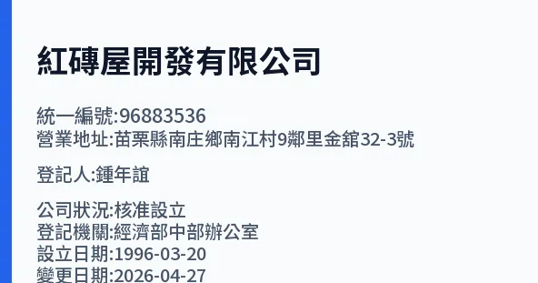 紅磚屋開發有限公司的照片-統編 96883536(苗栗縣) 公司登記資料與營業項目詳細圖表