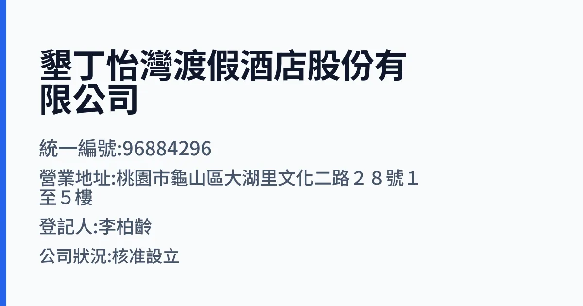 墾丁怡灣渡假酒店股份有限公司 - 統編 96884296(桃園市) 公司登記資料與營業項目詳細圖表