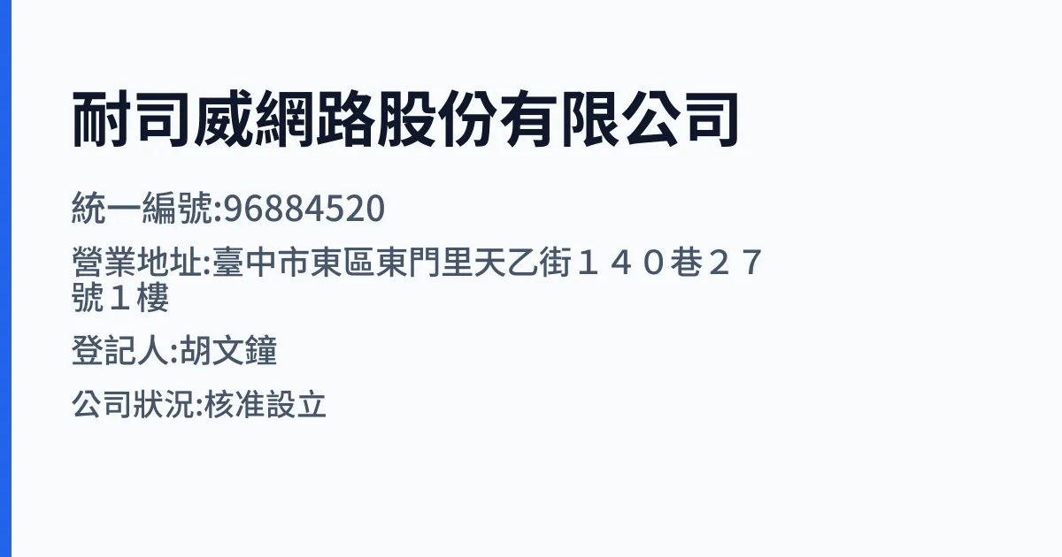耐司威網路股份有限公司 - 統編 96884520(臺中市) 公司登記資料與營業項目詳細圖表