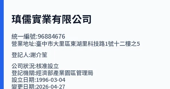 瑱儒實業有限公司的照片-統編 96884676(臺中市) 公司登記資料與營業項目詳細圖表