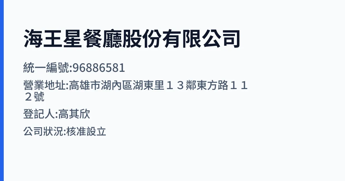 海王星餐廳股份有限公司 - 統編 96886581(高雄市) 公司登記資料與營業項目詳細圖表
