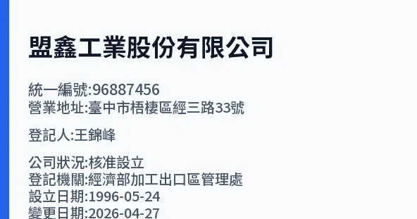 盟鑫工業股份有限公司的照片-統編 96887456(臺中市) 公司登記資料與營業項目詳細圖表