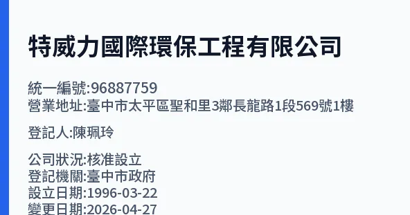 特威力國際環保工程有限公司的照片-統編 96887759(臺中市) 公司登記資料與營業項目詳細圖表