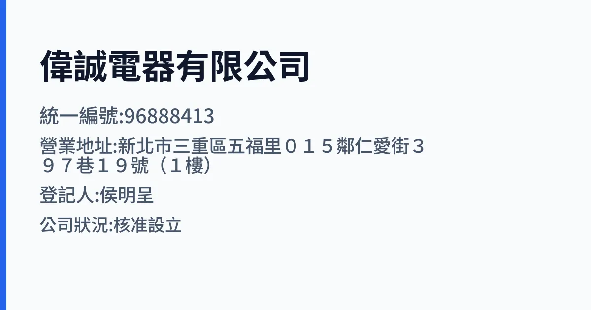 偉誠電器有限公司 - 統編 96888413(新北市) 公司登記資料與營業項目詳細圖表