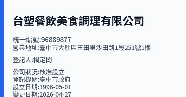 台塑餐飲美食調理有限公司的照片-統編 96889877(臺中市) 公司登記資料與營業項目詳細圖表