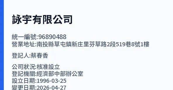 詠宇有限公司的照片-統編 96890488(南投縣) 公司登記資料與營業項目詳細圖表