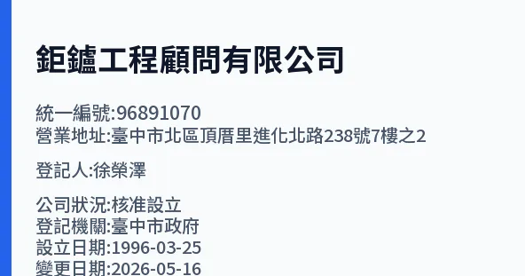 鉅鑪工程顧問有限公司的照片-統編 96891070(臺中市) 公司登記資料與營業項目詳細圖表