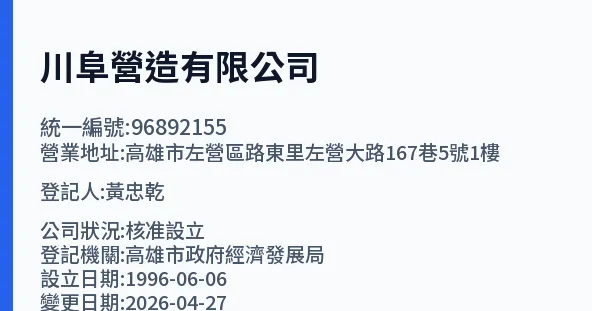 川阜營造有限公司的照片-統編 96892155(高雄市) 公司登記資料與營業項目詳細圖表