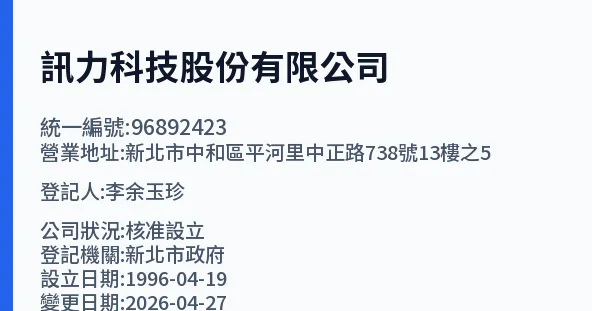 訊力科技股份有限公司的照片-統編 96892423(新北市) 公司登記資料與營業項目詳細圖表