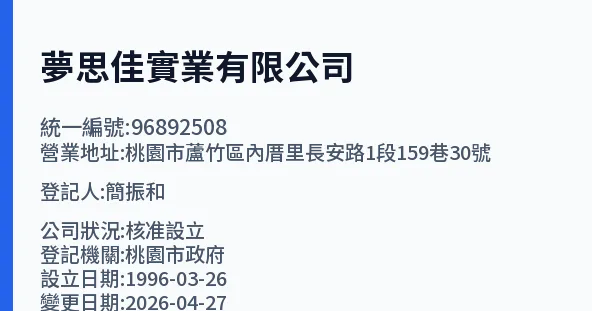 夢思佳實業有限公司的照片-統編 96892508(桃園市) 公司登記資料與營業項目詳細圖表