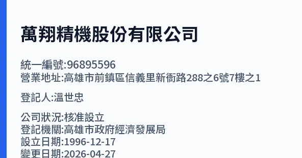 萬翔精機股份有限公司的照片-統編 96895596(高雄市) 公司登記資料與營業項目詳細圖表
