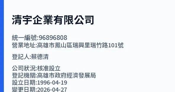 清宇企業有限公司的照片-統編 96896808(高雄市) 公司登記資料與營業項目詳細圖表