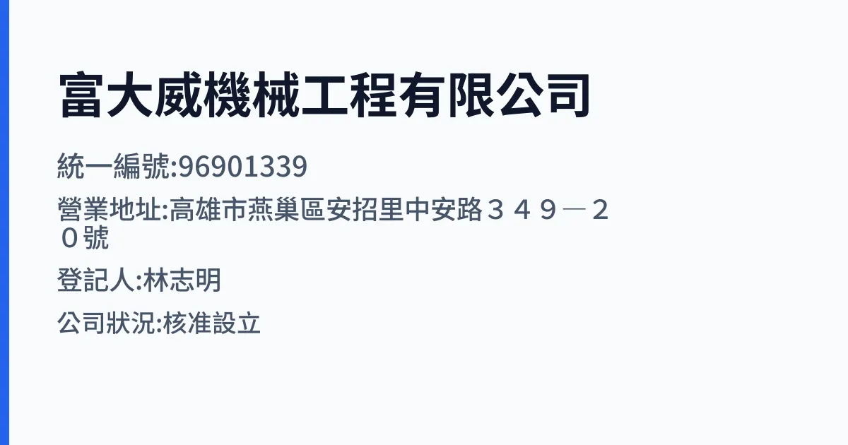 富大威機械工程有限公司 - 統編 96901339(高雄市) 公司登記資料與營業項目詳細圖表