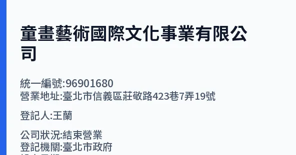 童畫藝術國際文化事業有限公司的照片-統編 96901680(臺北市) 公司登記資料與營業項目詳細圖表