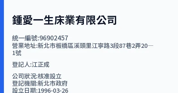 鍾愛一生床業有限公司的照片-統編 96902457(新北市) 公司登記資料與營業項目詳細圖表