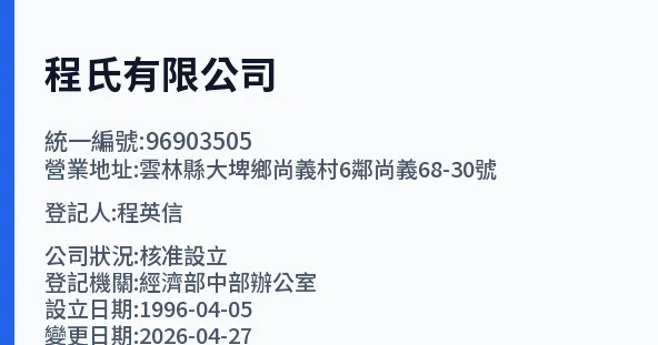 程氏有限公司的照片-統編 96903505(雲林縣) 公司登記資料與營業項目詳細圖表