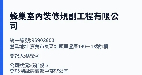 蜂巢室內裝修規劃工程有限公司的照片-統編 96903603(嘉義市) 公司登記資料與營業項目詳細圖表