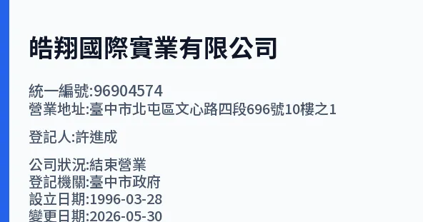 皓翔國際實業有限公司的照片-統編 96904574(臺中市) 公司登記資料與營業項目詳細圖表