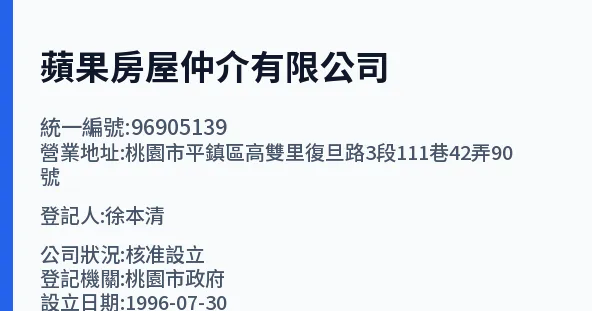 蘋果房屋仲介有限公司的照片-統編 96905139(桃園市) 公司登記資料與營業項目詳細圖表