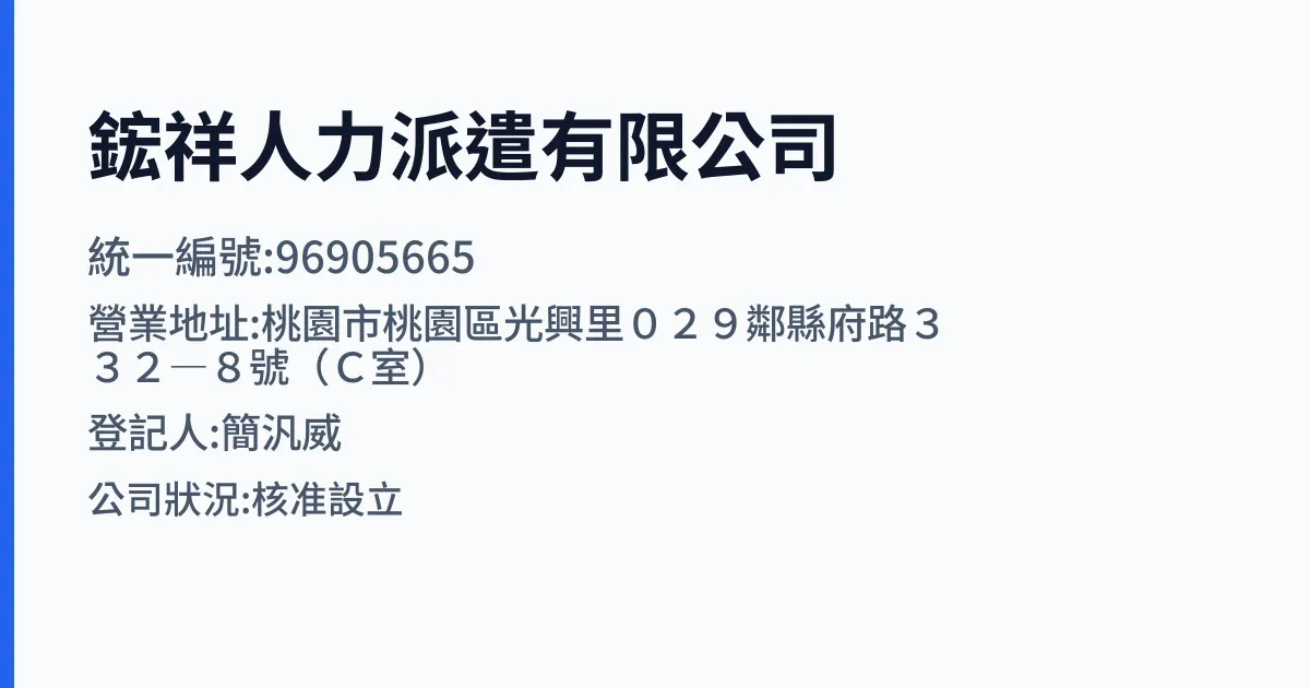 鋐祥人力派遣有限公司 - 統編 96905665(桃園市) 公司登記資料與營業項目詳細圖表