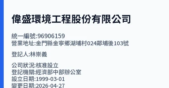 偉盛環境工程股份有限公司的照片-統編 96906159(金門縣) 公司登記資料與營業項目詳細圖表