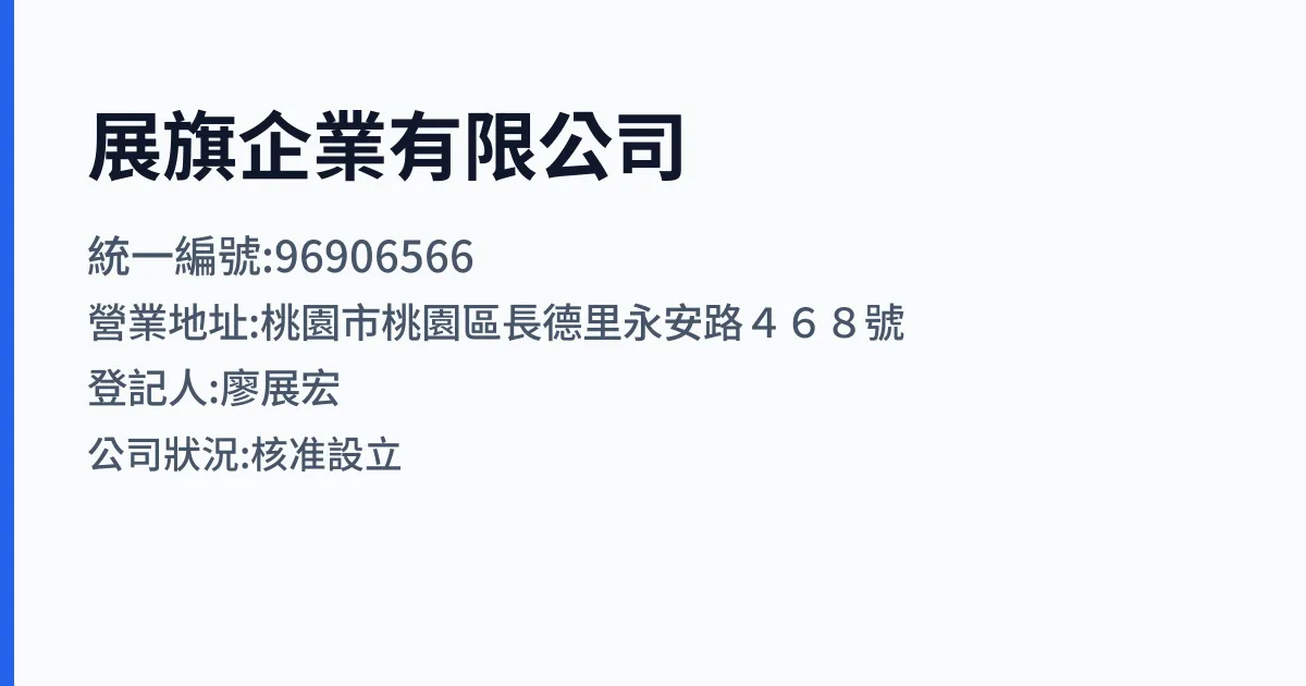 展旗企業有限公司 - 統編 96906566(桃園市) 公司登記資料與營業項目詳細圖表
