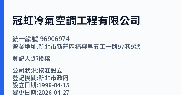 冠虹冷氣空調工程有限公司的照片-統編 96906974(新北市) 公司登記資料與營業項目詳細圖表