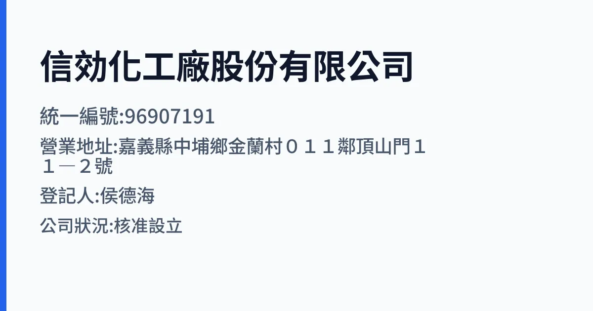 信効化工廠股份有限公司 - 統編 96907191(嘉義縣) 公司登記資料與營業項目詳細圖表