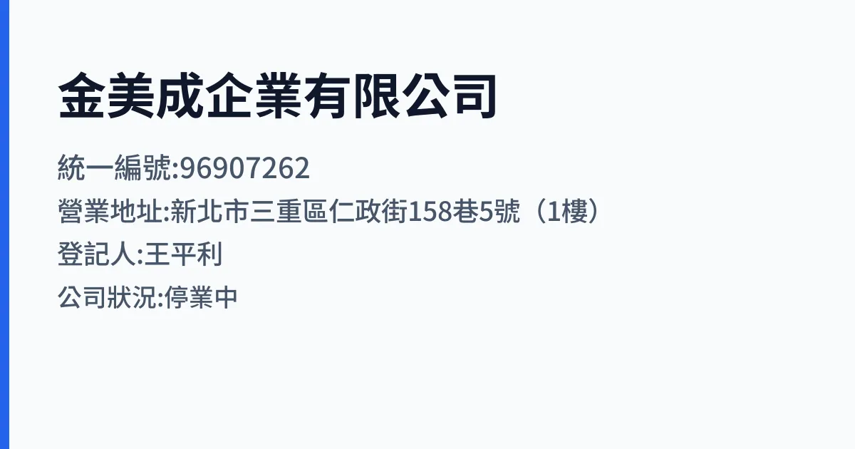 金美成企業有限公司 - 統編 96907262(新北市) 公司登記資料與營業項目詳細圖表