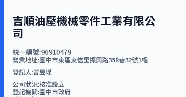 吉順油壓機械零件工業有限公司的照片-統編 96910479(臺中市) 公司登記資料與營業項目詳細圖表
