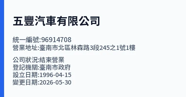 五豐汽車有限公司的照片-統編 96914708(臺南市) 公司登記資料與營業項目詳細圖表