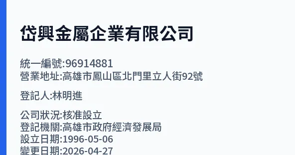 岱興金屬企業有限公司的照片-統編 96914881(高雄市) 公司登記資料與營業項目詳細圖表