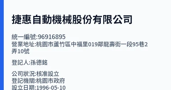 捷惠自動機械股份有限公司的照片-統編 96916895(桃園市) 公司登記資料與營業項目詳細圖表