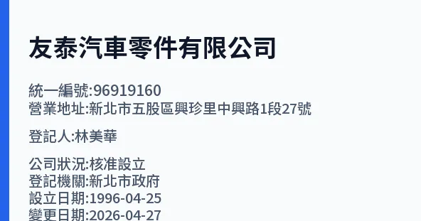 友泰汽車零件有限公司的照片-統編 96919160(新北市) 公司登記資料與營業項目詳細圖表