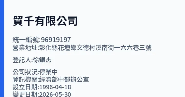 貿千有限公司的照片-統編 96919197(彰化縣) 公司登記資料與營業項目詳細圖表