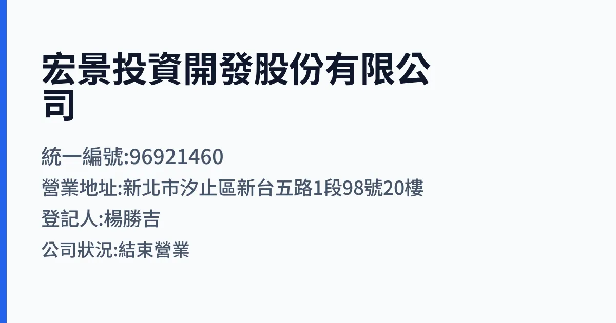 宏景投資開發股份有限公司 - 統編 96921460(新北市) 公司登記資料與營業項目詳細圖表