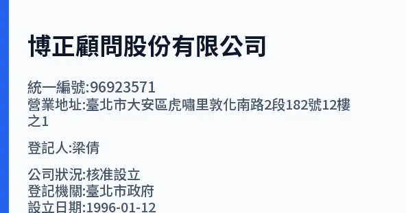 博正顧問股份有限公司的照片-統編 96923571(臺北市) 公司登記資料與營業項目詳細圖表