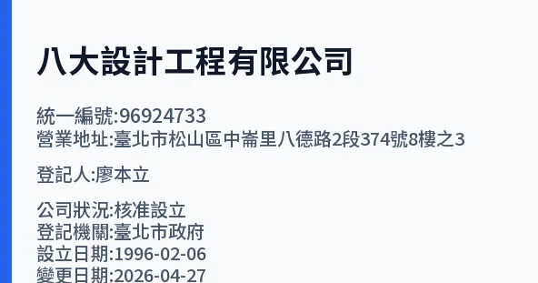 八大設計工程有限公司的照片-統編 96924733(臺北市) 公司登記資料與營業項目詳細圖表
