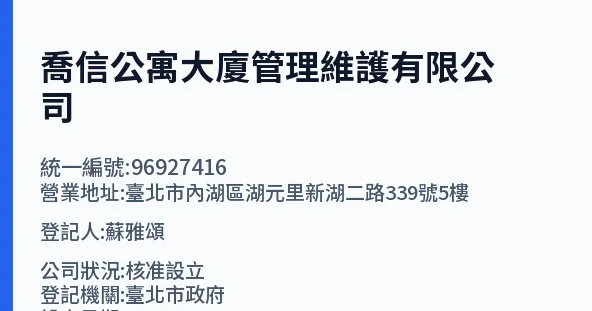 喬信公寓大廈管理維護有限公司的照片-統編 96927416(臺北市) 公司登記資料與營業項目詳細圖表