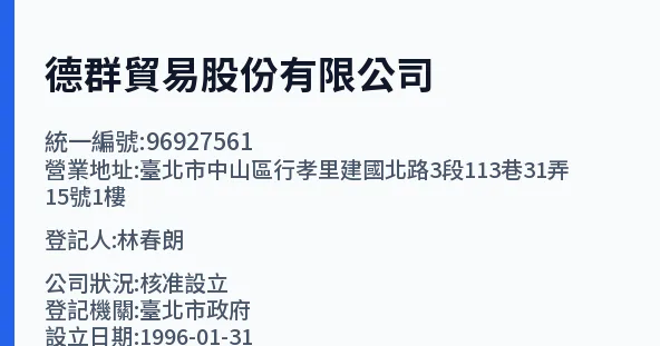 德群貿易股份有限公司的照片-統編 96927561(臺北市) 公司登記資料與營業項目詳細圖表