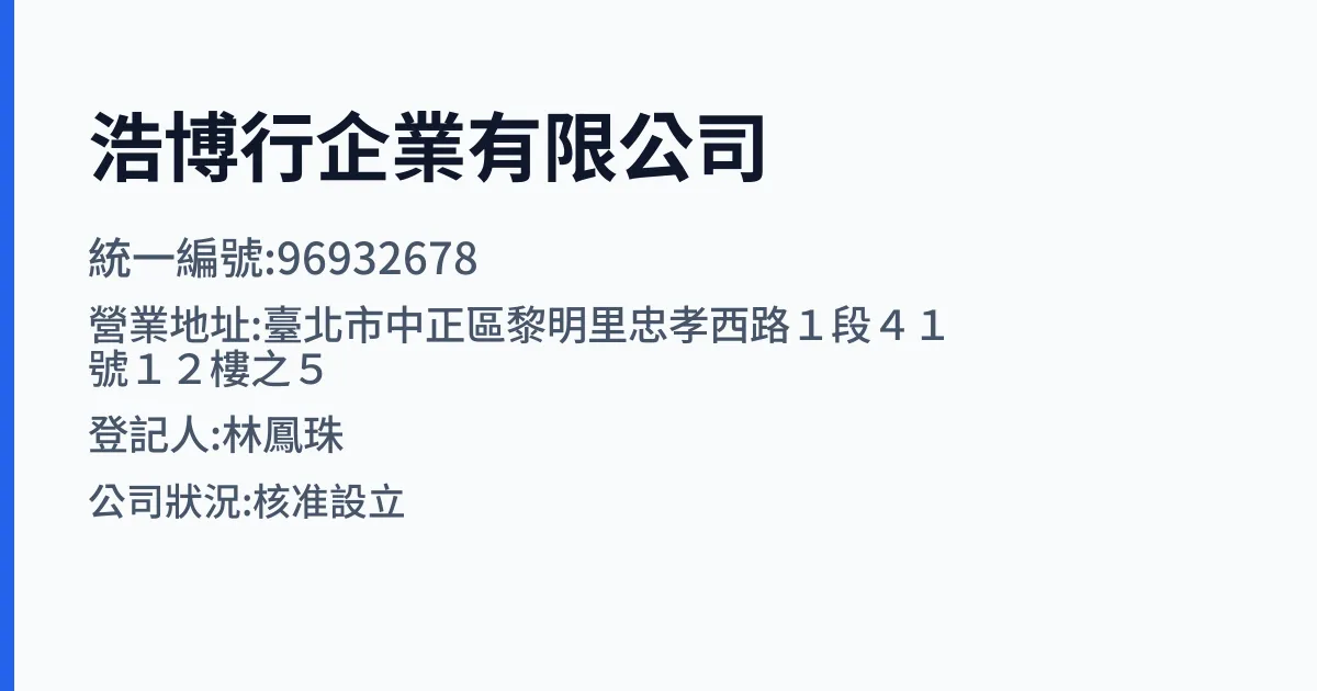 浩博行企業有限公司 - 統編 96932678(臺北市) 公司登記資料與營業項目詳細圖表