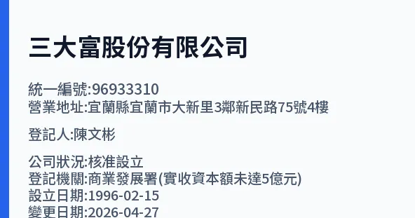 三大富股份有限公司的照片-統編 96933310(宜蘭縣) 公司登記資料與營業項目詳細圖表