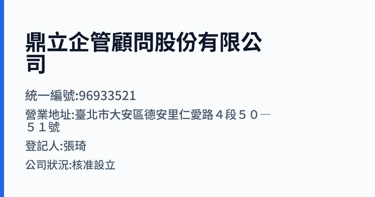 鼎立企管顧問股份有限公司 - 統編 96933521(臺北市) 公司登記資料與營業項目詳細圖表
