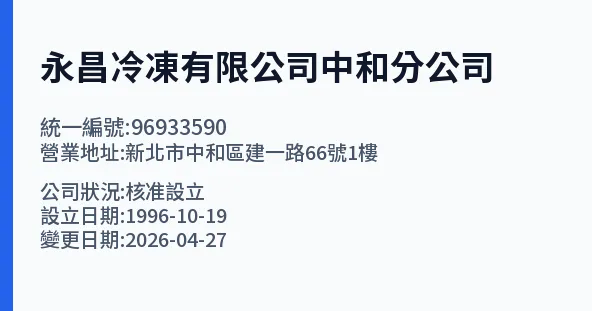 永昌冷凍有限公司中和分公司的照片-統編 96933590(新北市) 公司登記資料與營業項目詳細圖表