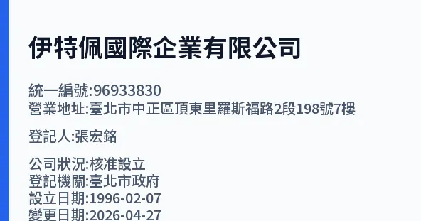 伊特佩國際企業有限公司的照片-統編 96933830(臺北市) 公司登記資料與營業項目詳細圖表