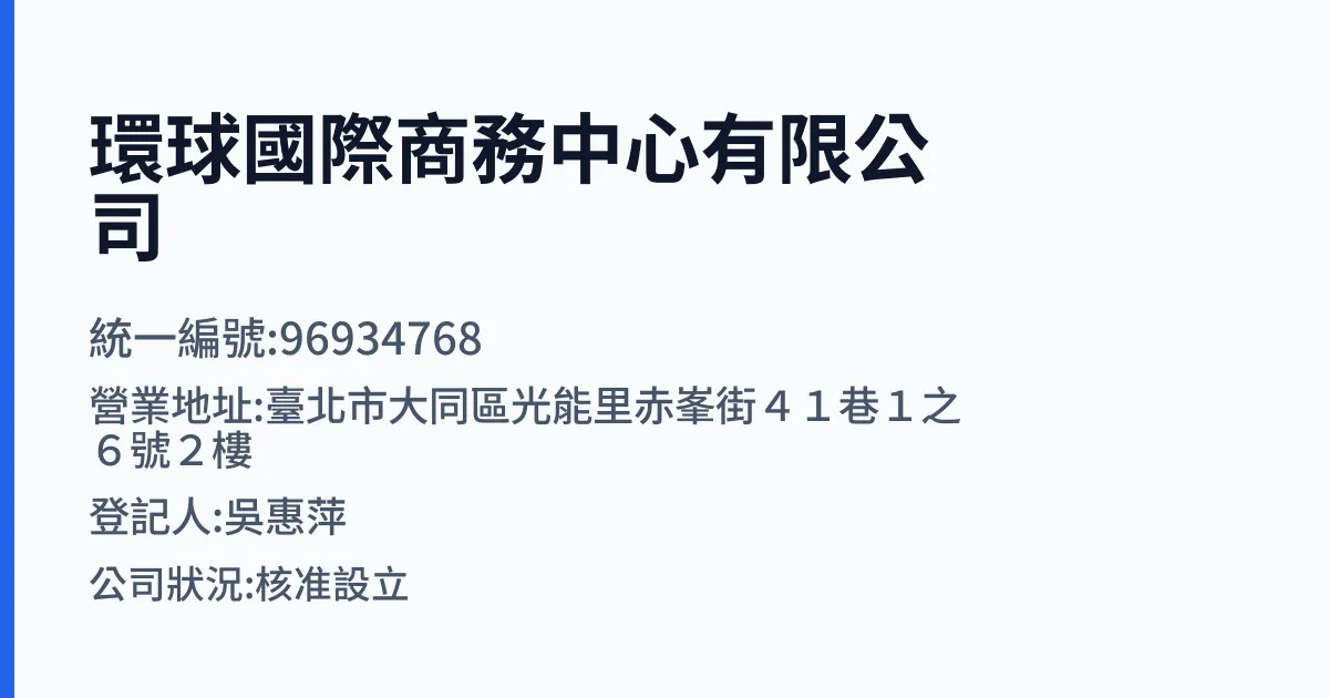 環球國際商務中心有限公司 - 統編 96934768(臺北市) 公司登記資料與營業項目詳細圖表
