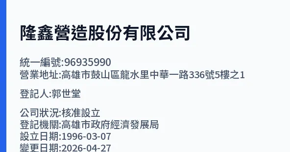 隆鑫營造股份有限公司的照片-統編 96935990(高雄市) 公司登記資料與營業項目詳細圖表