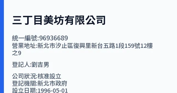 三丁目美坊有限公司的照片-統編 96936689(新北市) 公司登記資料與營業項目詳細圖表