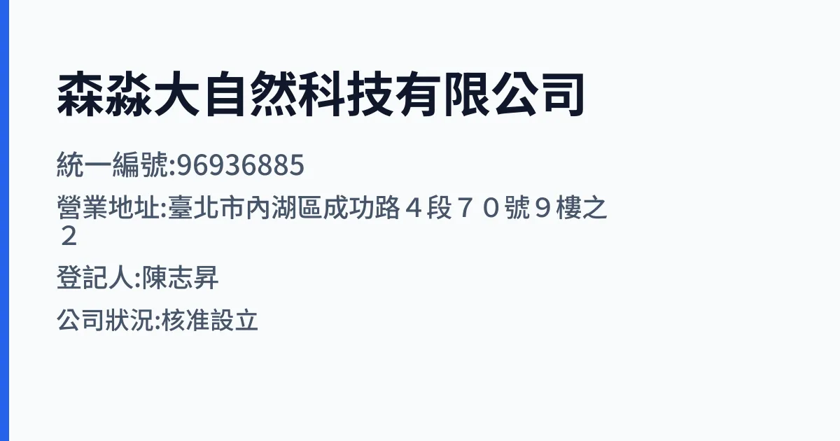 森淼大自然科技有限公司 - 統編 96936885(臺北市) 公司登記資料與營業項目詳細圖表